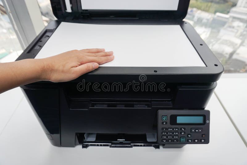 Woman Place A4 Paper Sheet on Printer Stock Photo - Image of people ...