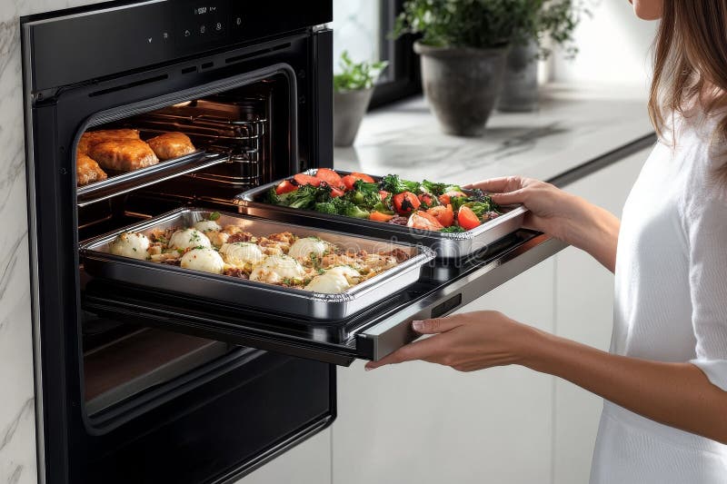 Woman Placing Food Tray into Oven on Kitchen Stock Illustration ...