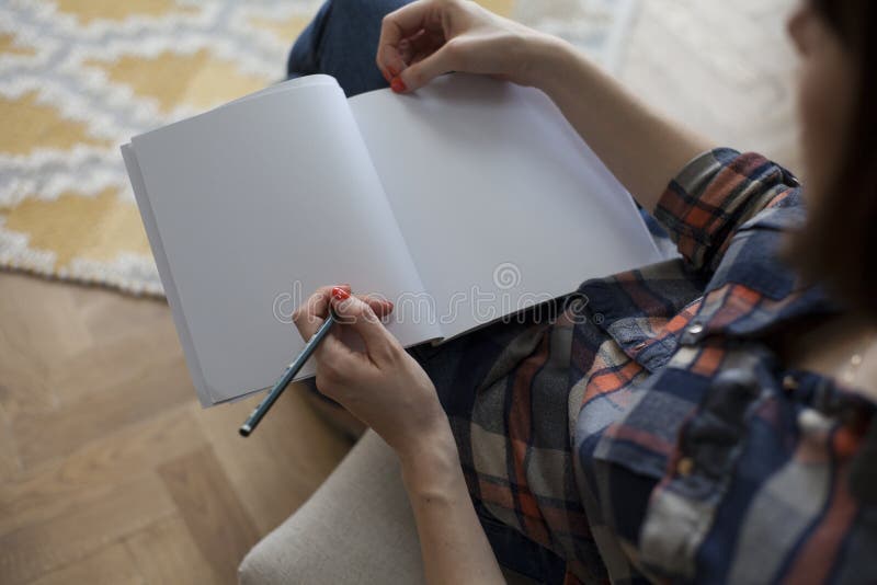 Woman in Plaid Shirt Writing in Blank Notebook Stock Photo - Image of ...