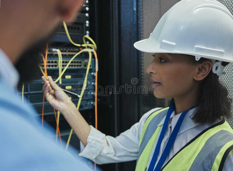 Woman, Planning and Server Room for Internet Infrastructure and Lights ...
