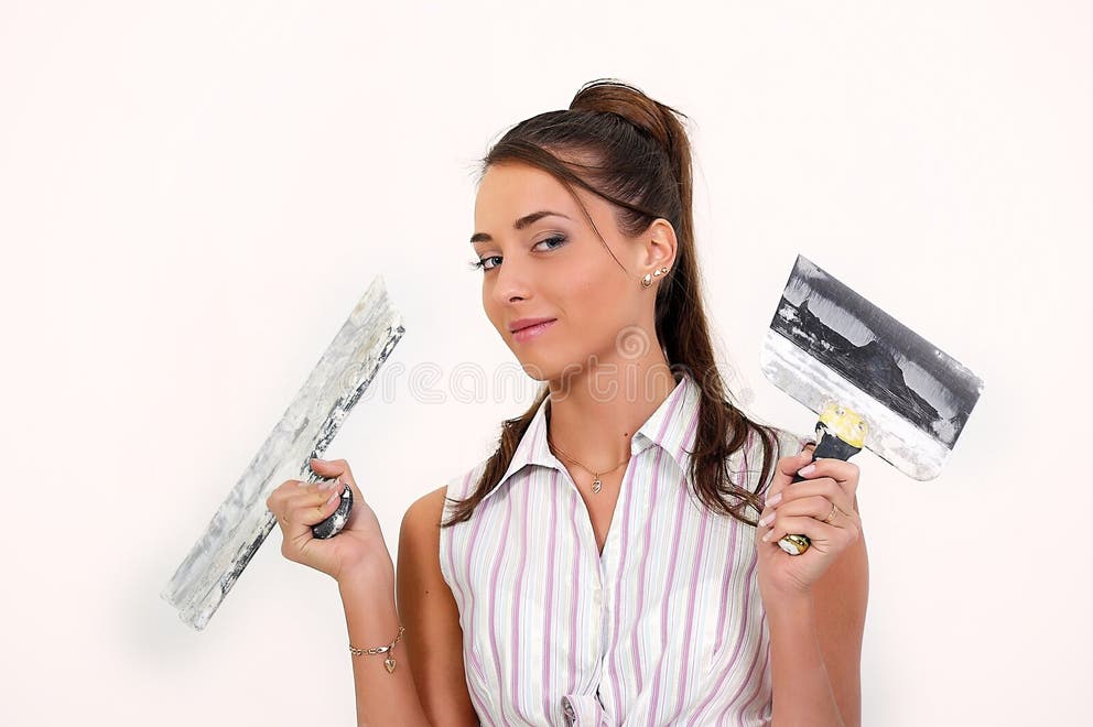 Woman plastering the wall stock image. Image of construction - 23649411