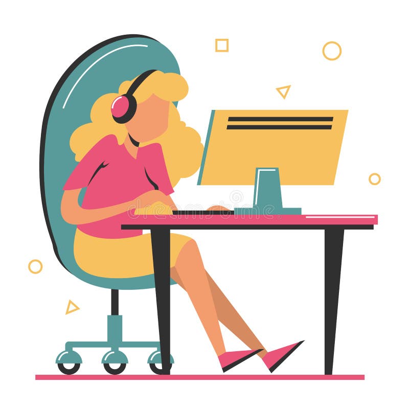 Woman Play Computer Game Sitting at the Table Vector Isolated Stock ...