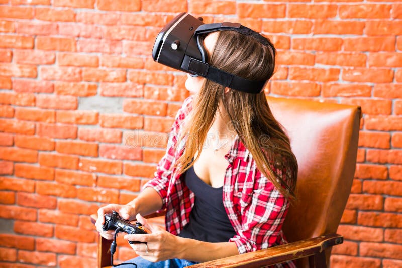 Woman Play Video Game with Joystick and VR Device Stock Photo - Image ...