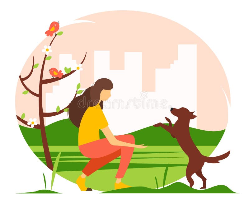 Woman Playing with a Dog in the Park. Cute Spring Vector Illustration ...