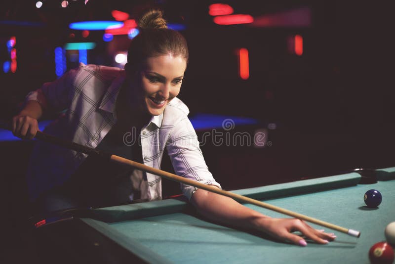 Woman Playing the Pool Game Stock Image - Image of dusk, indoors: 69336309
