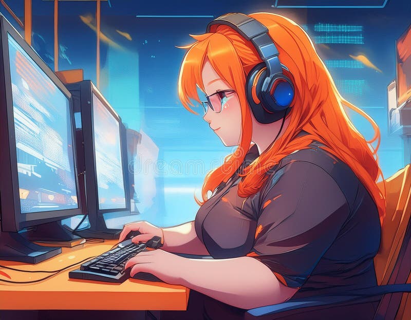 Woman Playing Video Games and Coding Software in Anime Style ...