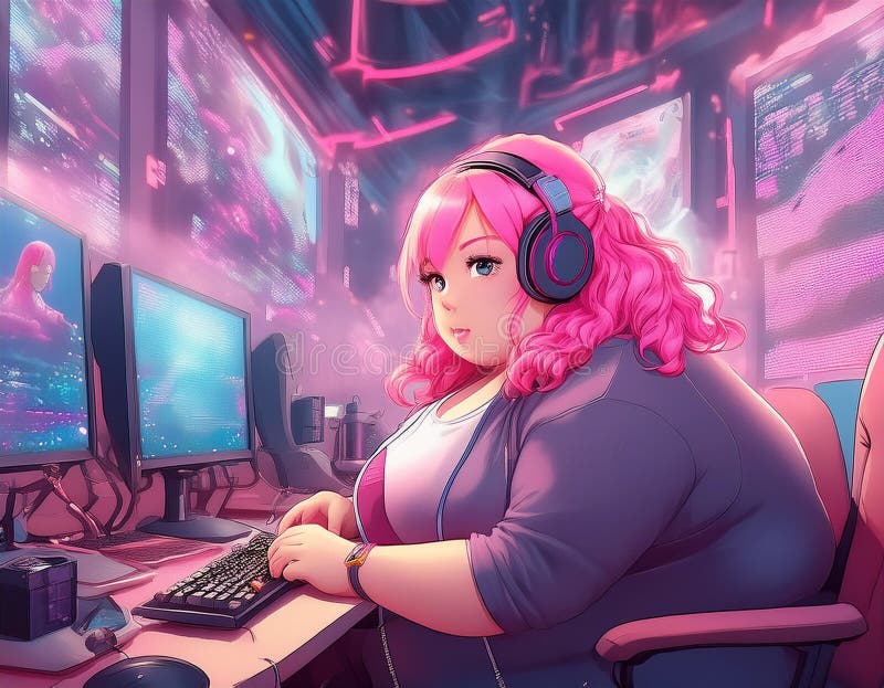 Woman Playing Video Games and Coding Software in Anime Style ...