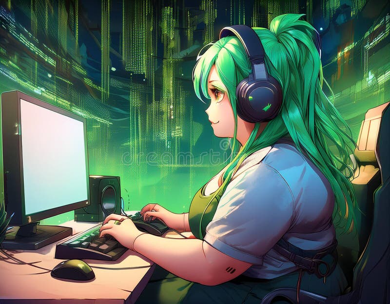 Woman Playing Video Games and Coding Software in Anime Style ...
