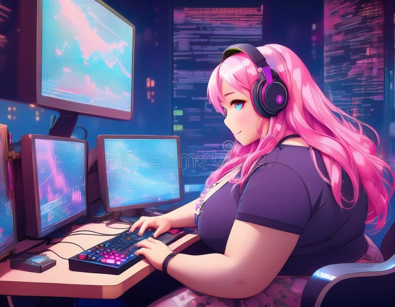 Woman Playing Video Games and Coding Software in Anime Style ...