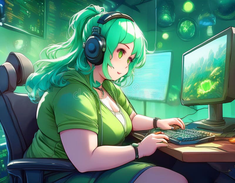 Woman Playing Video Games and Coding Software in Anime Style ...