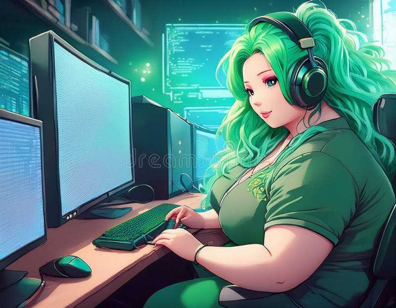 Woman Playing Video Games and Coding Software in Anime Style ...
