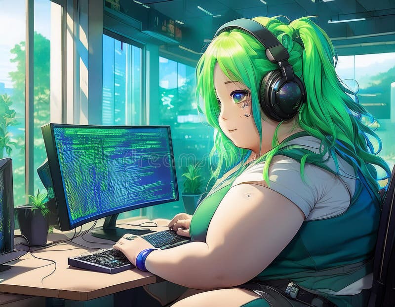 Woman Playing Video Games and Coding Software in Anime Style ...