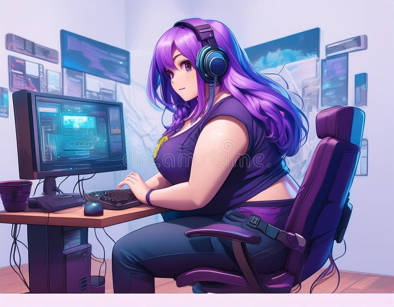 Woman Playing Video Games and Coding Software in Anime Style ...