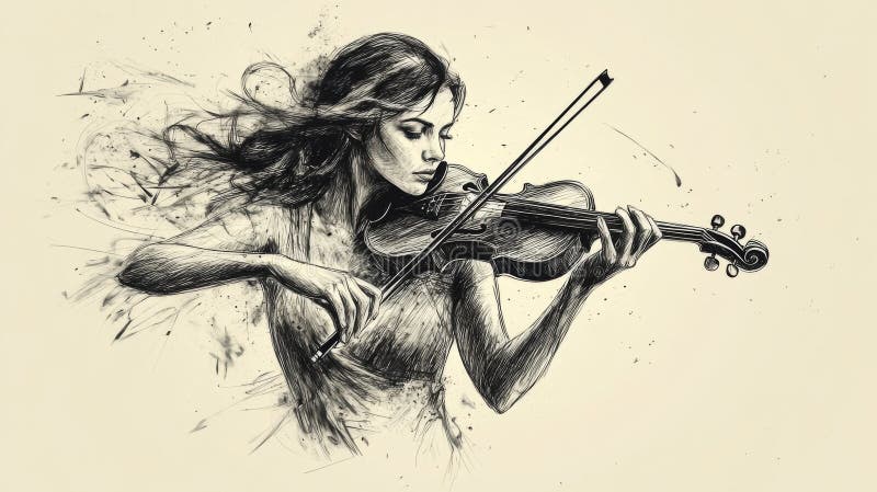 Woman Playing Violin Artistic Black and White Sketch Stock Illustration ...