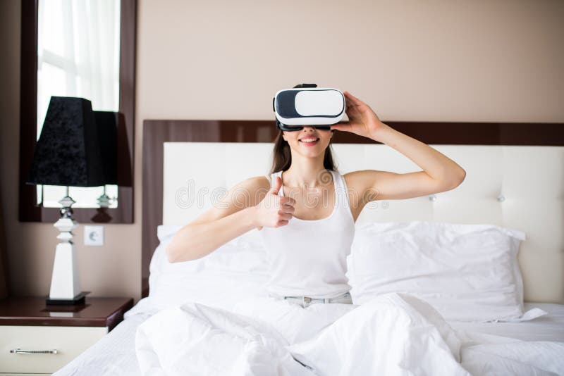 Woman Playing VR at Home in Her Bed Stock Image - Image of bedroom ...