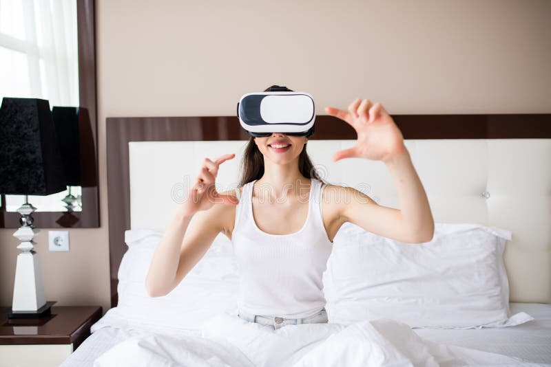 Woman Playing VR at Home in Her Bed Stock Image - Image of movie, house ...