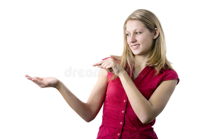 Woman Point at Copy Space, Showing Copyspace Pointing Down. Promo, Girl ...