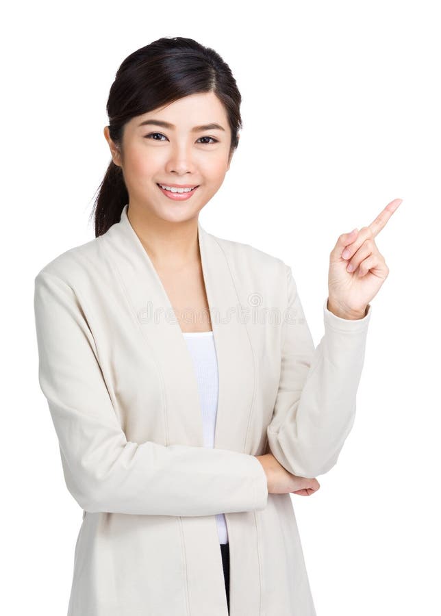 Woman Point at Copy Space, Showing Copyspace Pointing Down. Promo, Girl ...