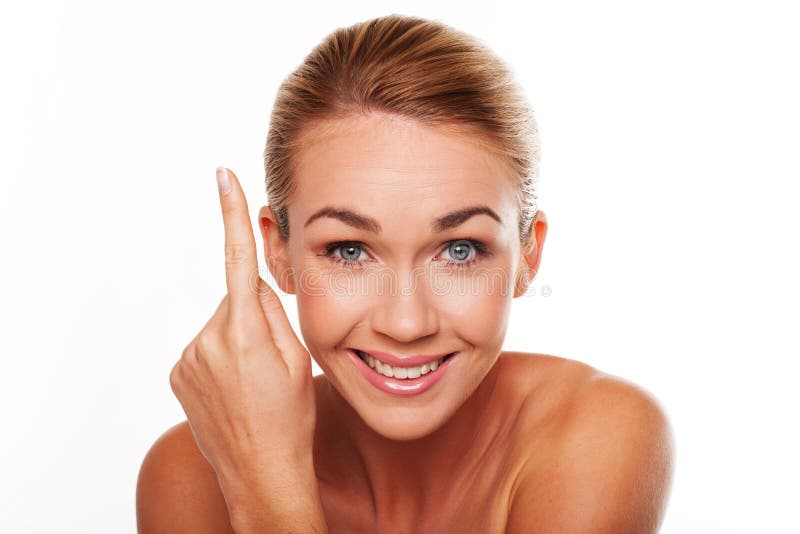 Woman Pointing Above Her Head Stock Image - Image of display, studio ...