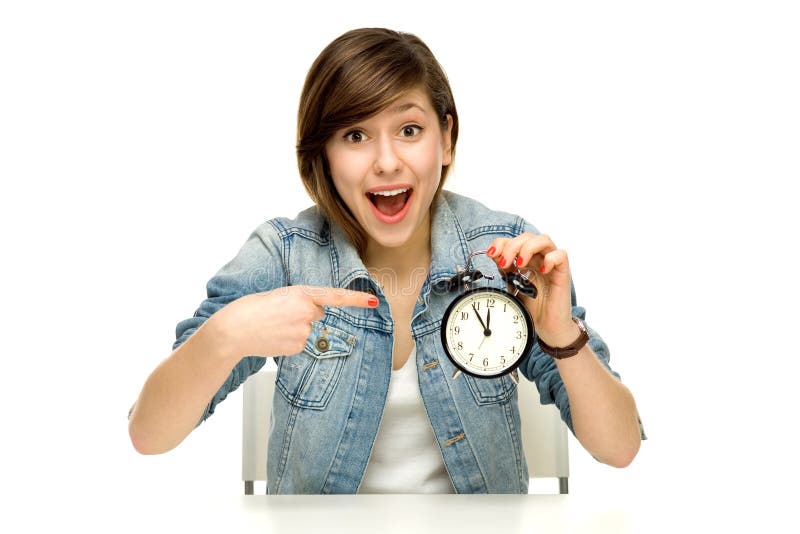Young Female Adult Pointing To Clock. Stock Photo - Image of length ...