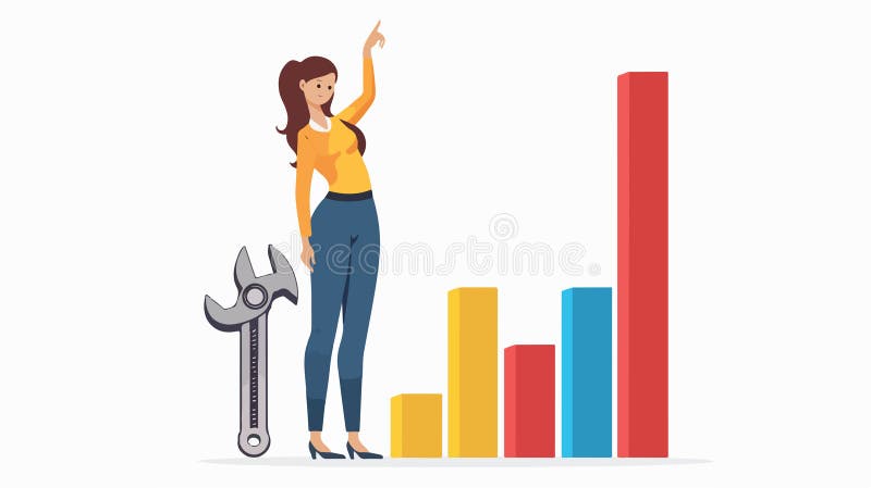 Woman Pointing at Bar Chart with Wrench, Business Data Analysis Concept ...