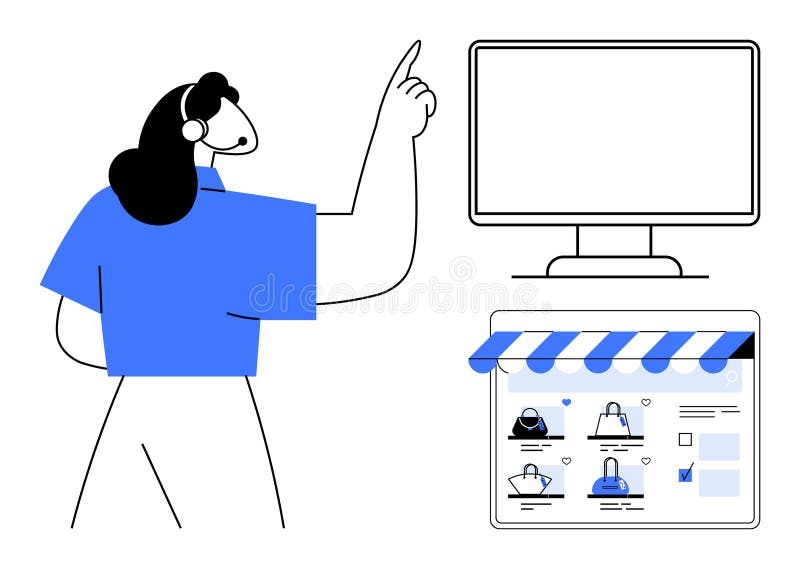 Woman Pointing at a Blank Computer Screen Next To an Online Store ...