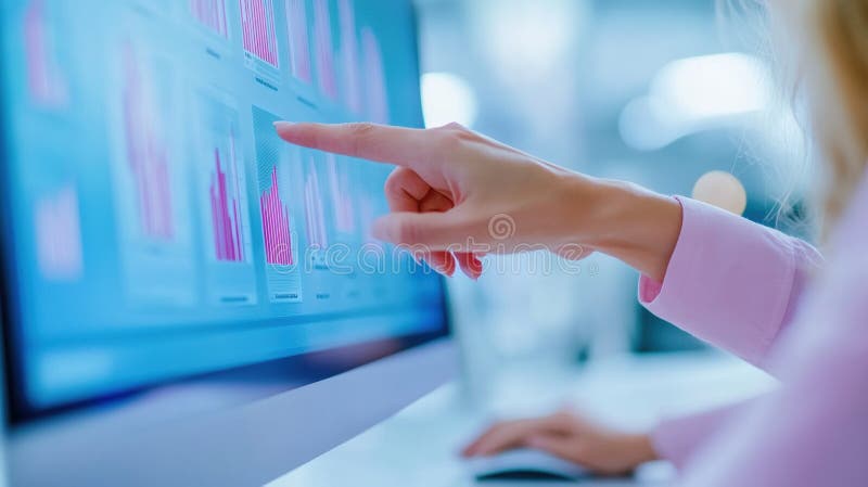 A Woman Pointing at a Computer Screen with Graphs on it, AI Stock Photo ...