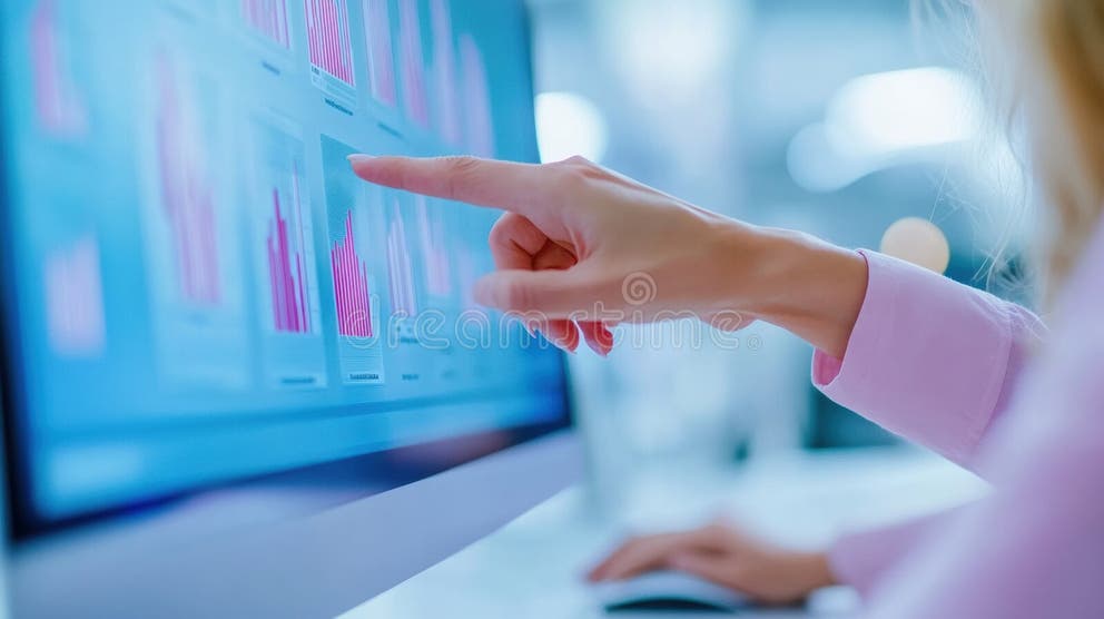 A Woman Pointing at a Computer Screen with Graphs on it, AI Stock Photo ...