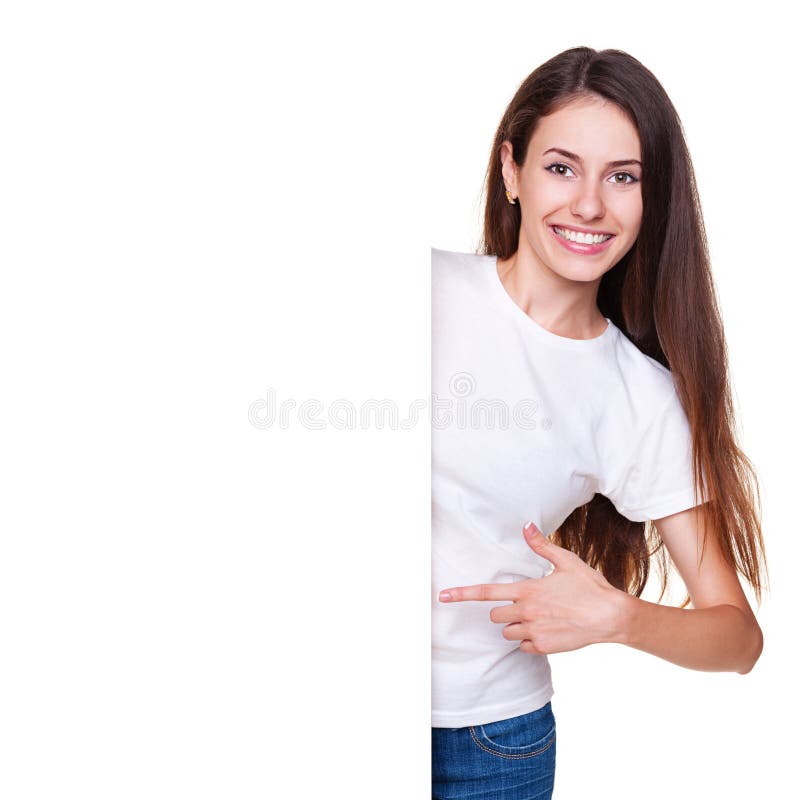 Woman Pointing at Empty Blank Stock Photo - Image of board, pointing ...