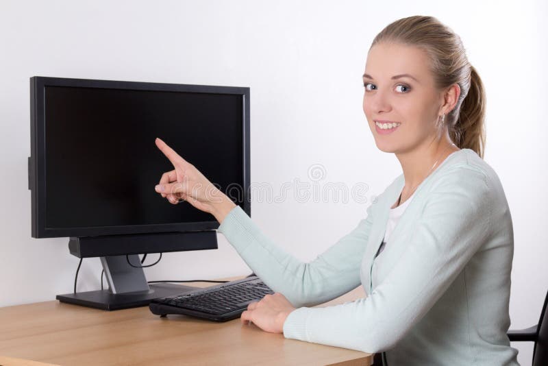 Woman Pointing at Empty Screen of Personal Computer Stock Photo - Image ...