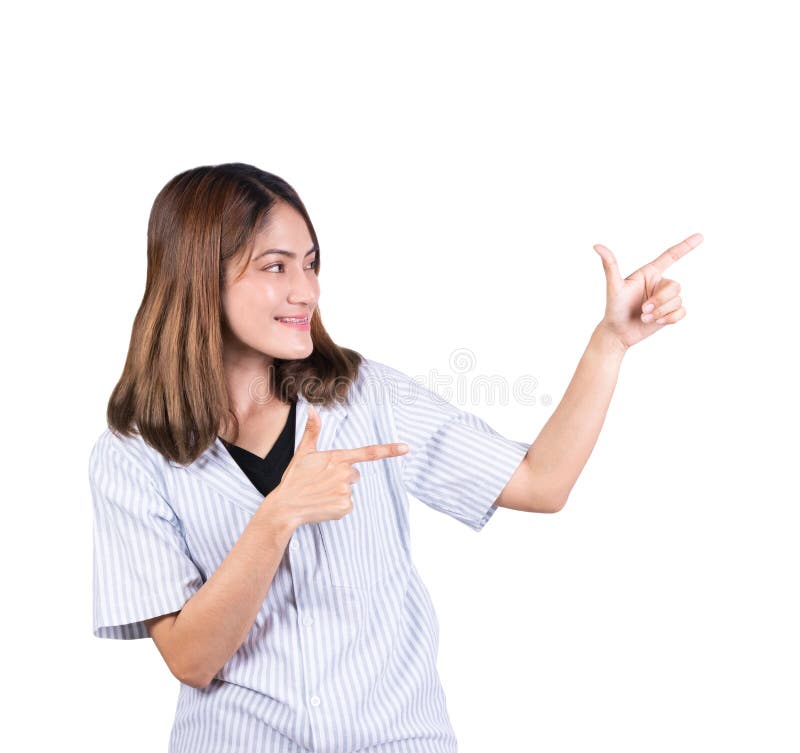 Woman Pointing Finger Up Portrait on White Background Stock Image ...