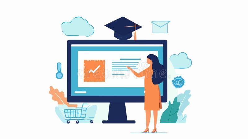 Professional Woman Pointing Graduation Cap Icon on Computer Stock ...