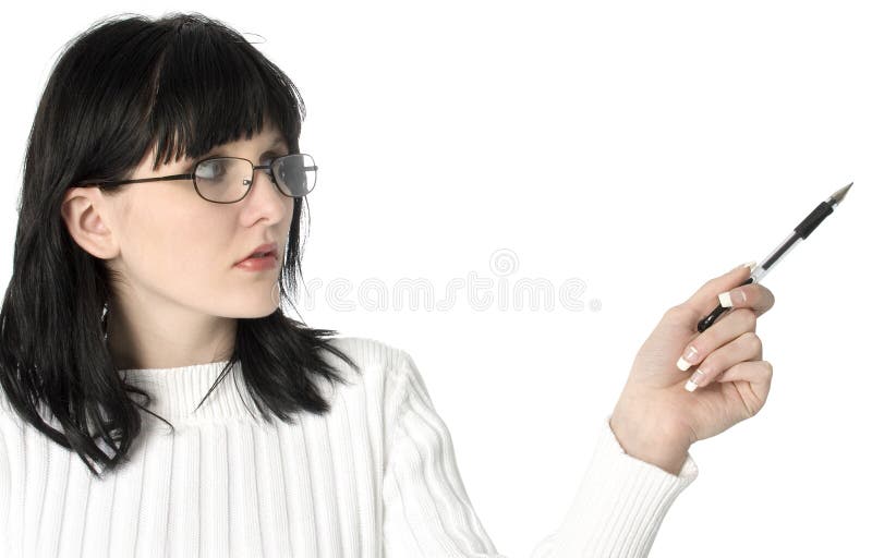 Woman Pointing with Ink Pen Stock Image - Image of education ...