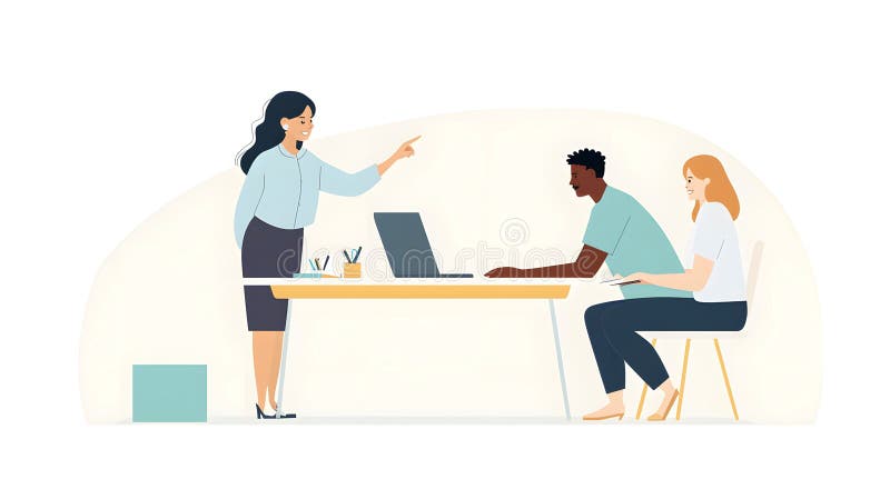 A Woman is Pointing at a Laptop on a Table Stock Illustration ...