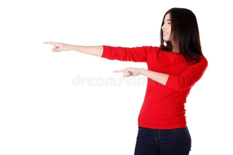 Woman pointing to the left stock photo. Image of casual - 48682814
