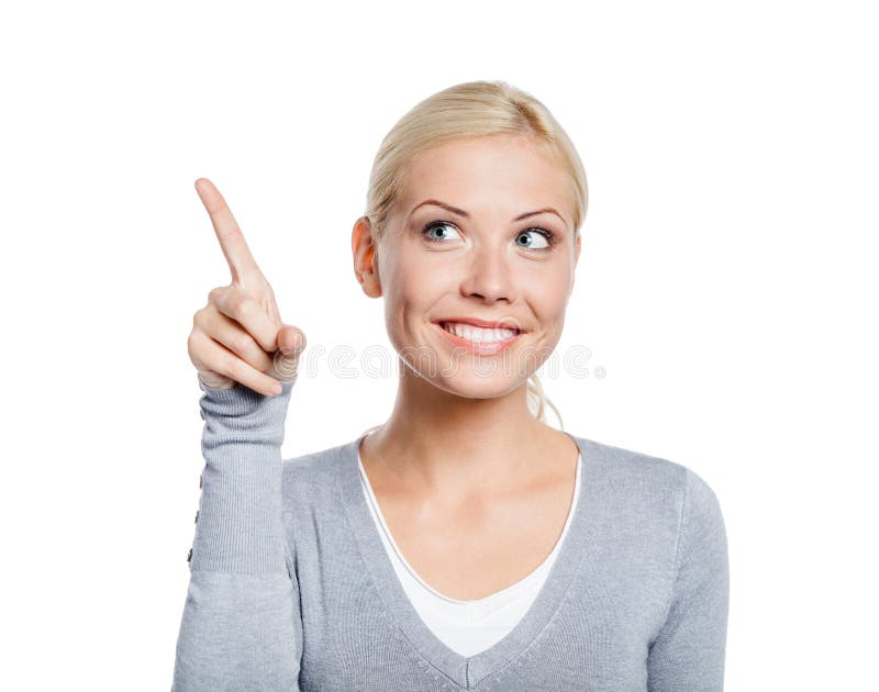Woman Pointing Up with Forefinger Stock Photo - Image of hair, adult ...