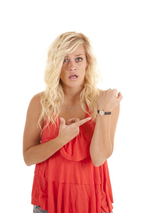 Woman pointing at watch stock image. Image of delay, look - 25896325