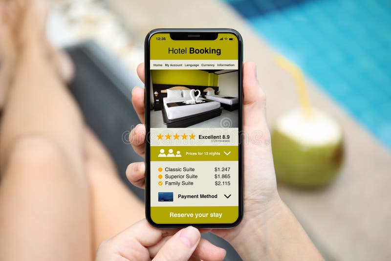 Woman by the Pool Holding Phone with App Hotel Booking Stock Photo ...