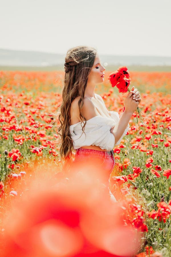 Woman Poppies Field Side View Of A Happy Woman With Long Hair In A Poppy Field And Enjoying The