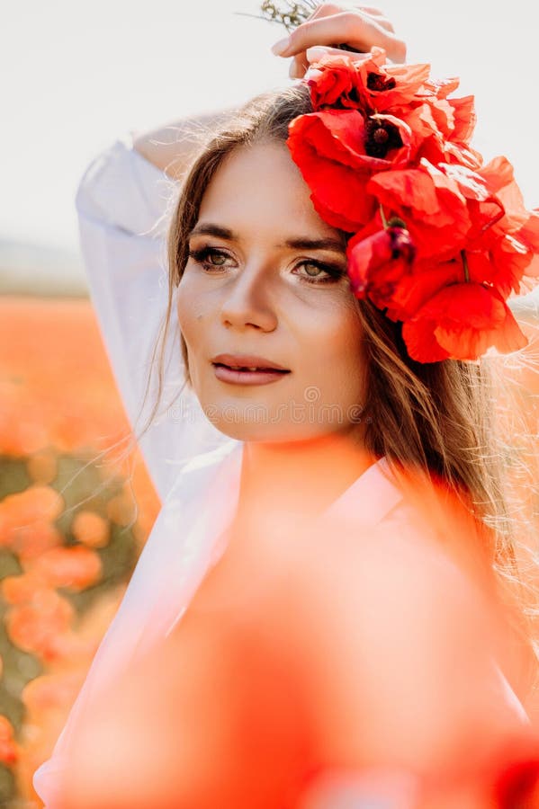 Woman Poppies Field Side View Of A Happy Woman With Long Hair In A Poppy Field And Enjoying The