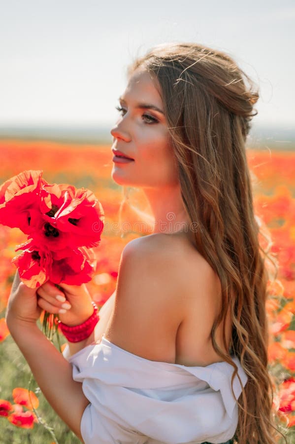 Woman Poppies Field Side View Of A Happy Woman With Long Hair In A Poppy Field And Enjoying The