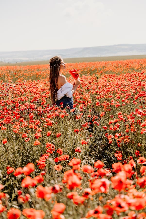 Woman Poppies Field Side View Of A Happy Woman With Long Hair In A Poppy Field And Enjoying The