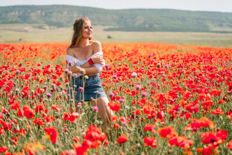 Woman Poppies Field Side View Of A Happy Woman With Long Hair In A Poppy Field And Enjoying The