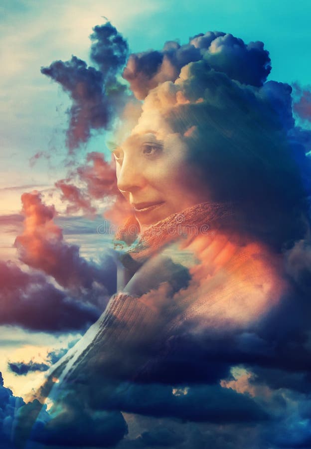 Double Exposure Woman Portrait with Starry Night for Psychology Concept ...