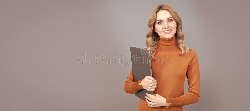 Happy Woman in Casual Fashion Style Hold Portable Laptop Computer Grey ...