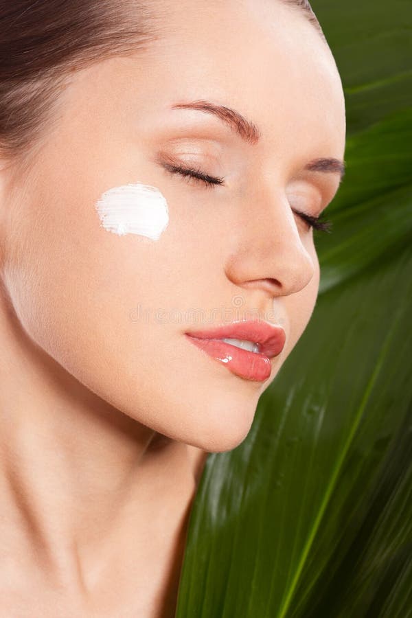 Woman Portraitover Green Leaf Stock Image - Image of lips, caucasian ...