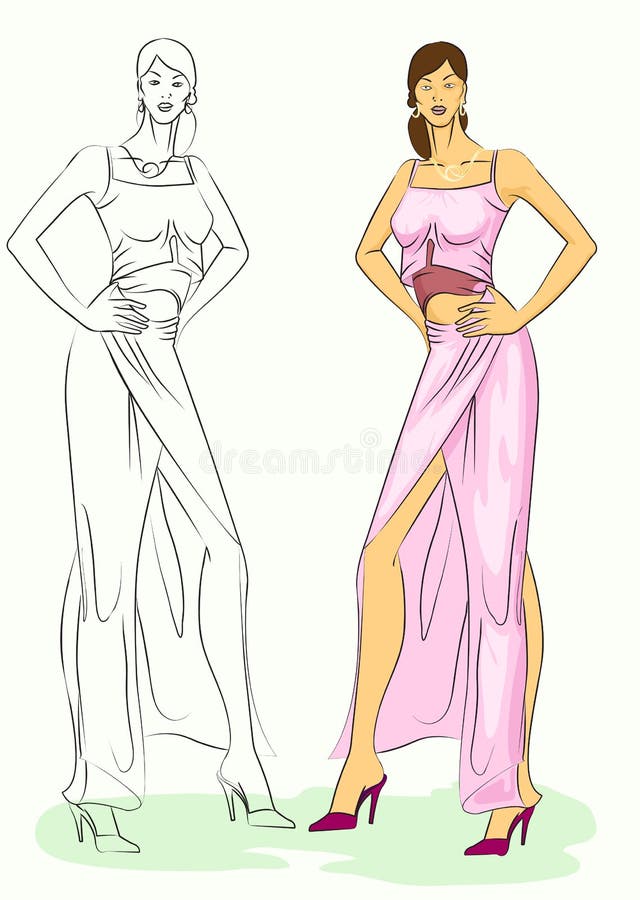 Fashion Model with Outline and Color Style Stock Vector - Illustration ...