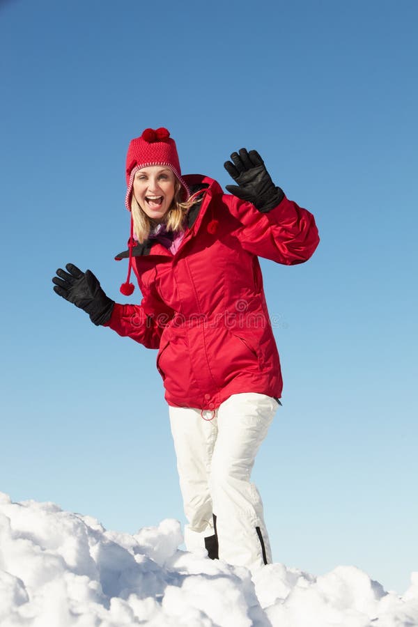Woman Posing in Snow on Ski Holiday in Moutains Stock Photo - Image of ...