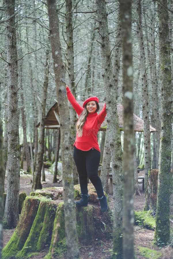Woman with Positive Attitude on a Mossy Tree Stump Stock Image - Image ...
