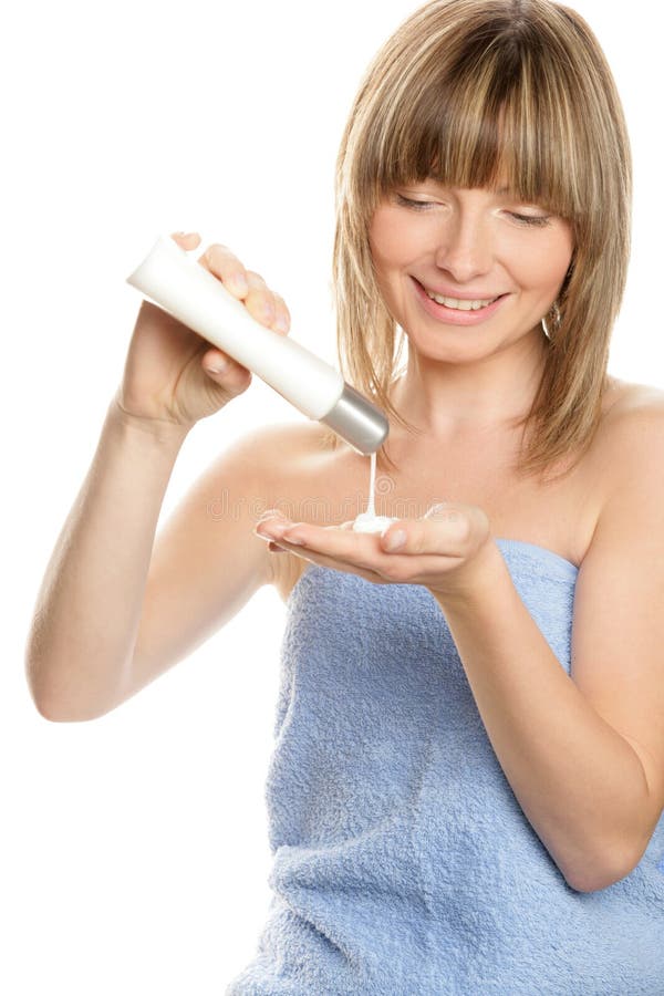 Woman Pouring Body Lotion in Hand Stock Photo - Image of freshness ...